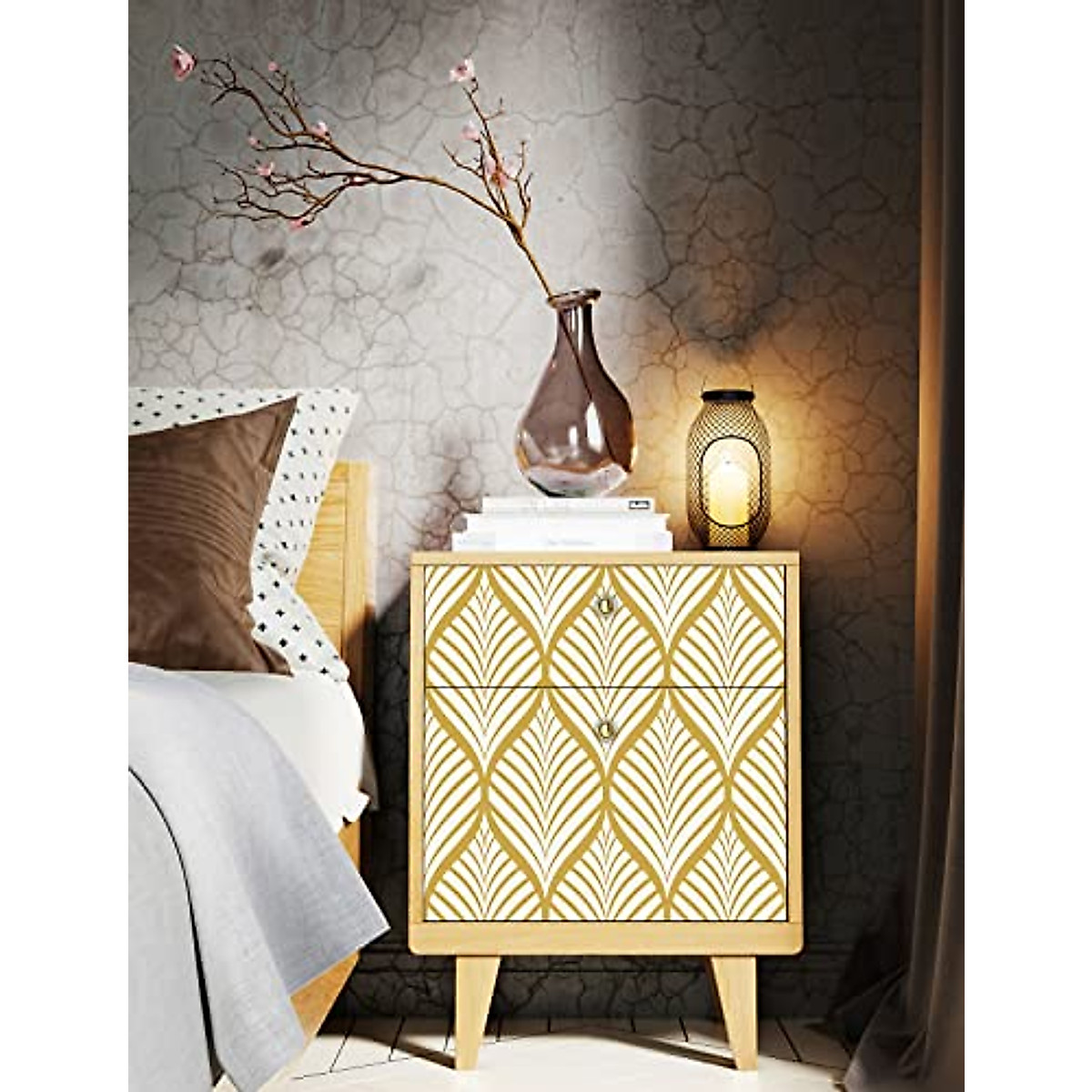 White and Gold Peel and Stick Contact Paper Self Adhesive Boho Wallpaper Removable Vinyl Film Decorative Shelf Drawer Liner Sticker 17.7 inch x 118 inch (White and Gold, 17.7 x 118 inch)