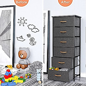 Crestlive Products Vertical Dresser Storage Tower - Sturdy Steel Frame, Wood Top, Easy Pull Fabric Bins, Wood Handles - Organizer Unit for Bedroom, Hallway, Entryway, Closets - 6 Drawers (Gray)