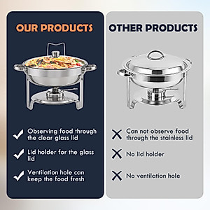 5QT Chafing Dish Buffet Set 4 Packs, Stainless Steel Round Chafers with Glass Viewing Lid & Lid Holder, Buffet Servers and Warmers Set for Dinner, Parties, Wedding, Camping
