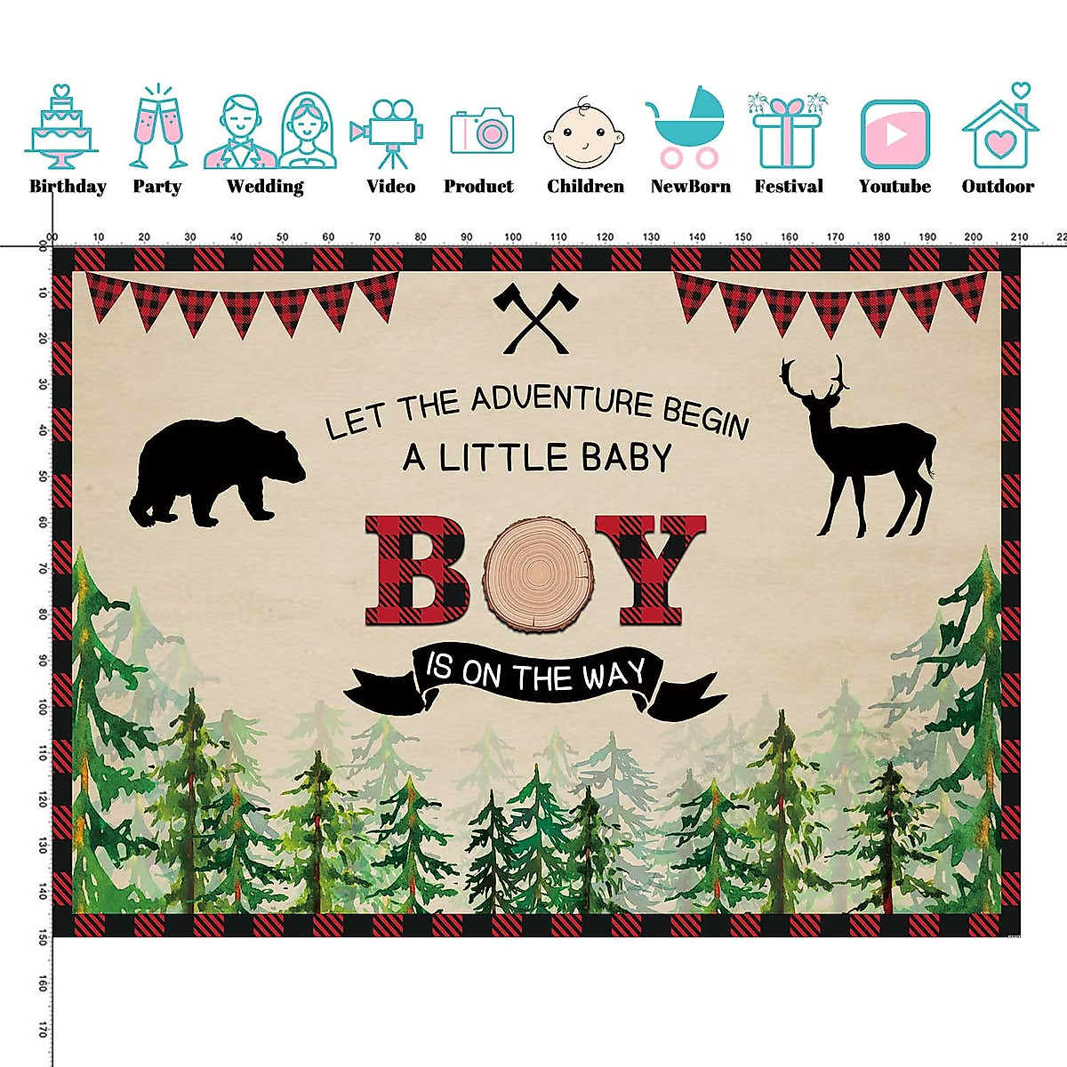 SeekPro 7x5ft Lumberjack Baby Shower Backdrop Red Plaid Bear Adventure Begins Boy Baby Shower Photo Background Baby Shower Party Supplies SK6211B