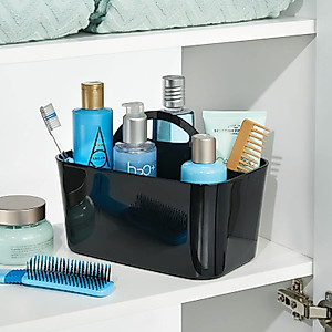 mDesign Small Plastic Shower/Bath Storage Organizer Caddy Tote with Handle for Dorm, Shelf, Cabinet - Hold Soap, Shampoo, Conditioner, Combs, Brushes, Lumiere Collection, Black