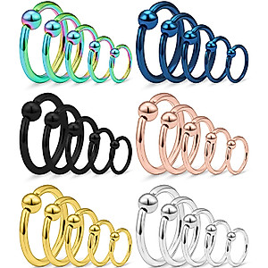 Dyknasz 30Pcs Stainless Steel Earrings Hoop Rings for Women Men Nose Lip Tragus Helix Ear Septum Nipple Belly Captive Bead Rings Body Piercing Jewelry 14G Silver-Tone Rose Gold Black 8mm 10mm 12mm