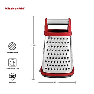 KitchenAid Gourmet 4-Sided Stainless Steel Box Grater for Fine, Medium and Coarse Grate, and Slicing, Detachable 3 Cup Storage Container and Measurment Markings, Dishwasher Safe, 10 inch, Red