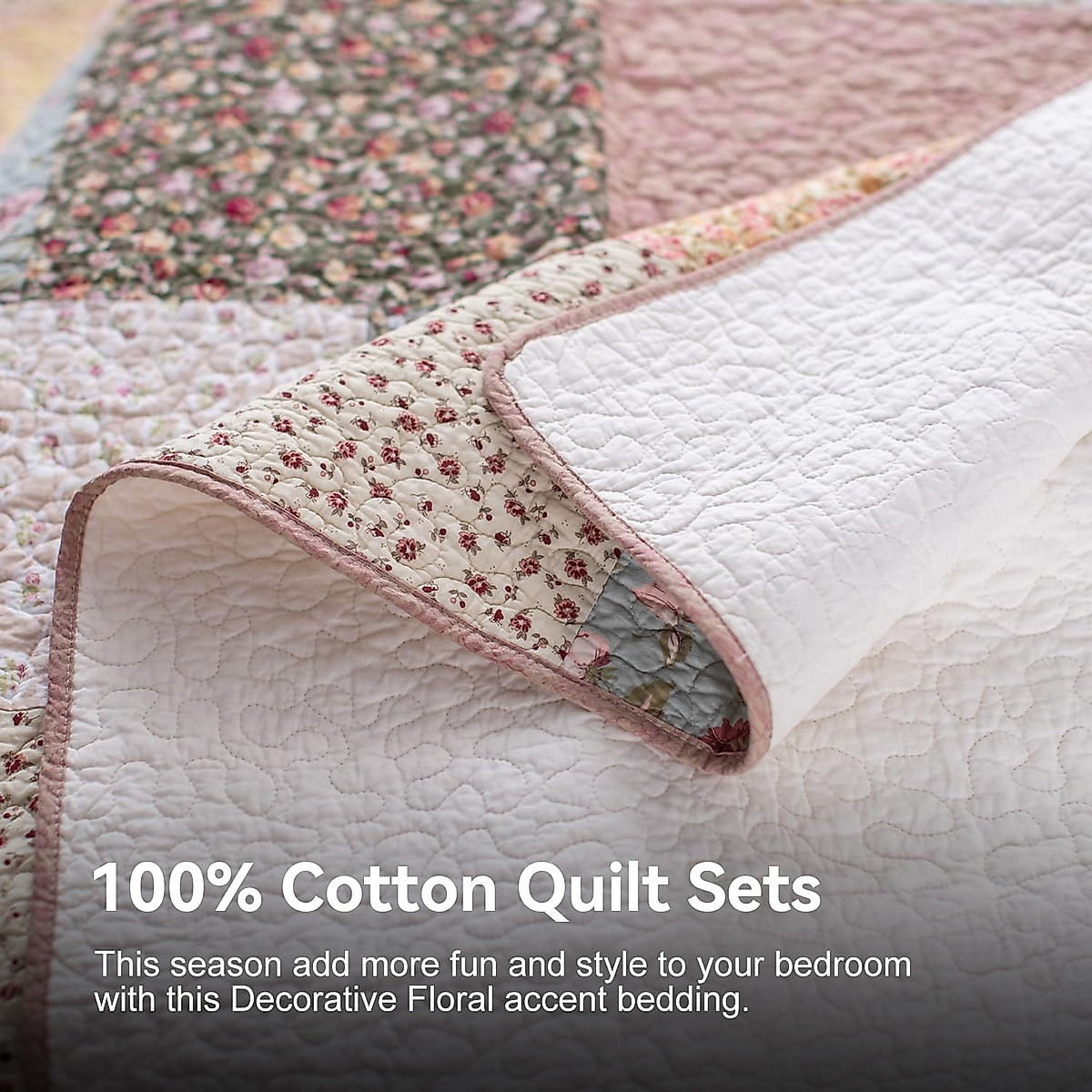 KASENTEX Authentic 100% Cotton Easy Clean – Luxury Boho Quilt with Decorative Floral Print Patchwork Design Oversized Bedspread, Soft Bedding, Full/Queen 90x96”, Boho-Royal Garden