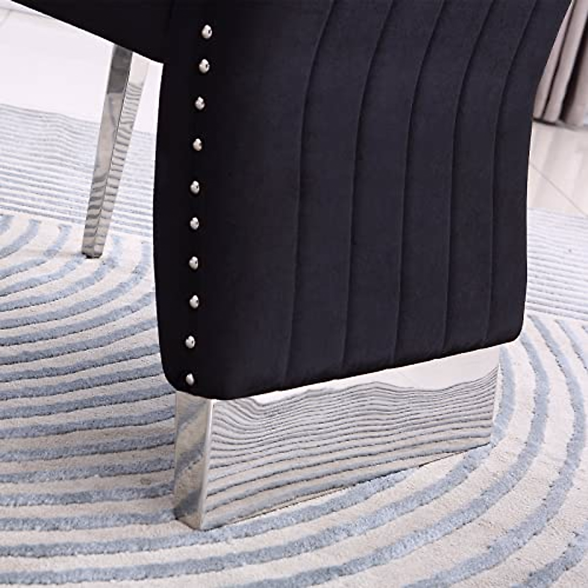 AZhome Dining Chairs, Black Velvet Upholstered Dining Room Chairs with Nailhead Trim and Silver Mirror Stainless Steel Legs, Set of 2