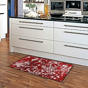 senya Christmas Rug Kitchen Rugs Runner Christmas Background with Snowflakes Red Doormat Bath Rugs Non Slip Area Rugs for Bathroom Kitchen Indoor 39" X 20"
