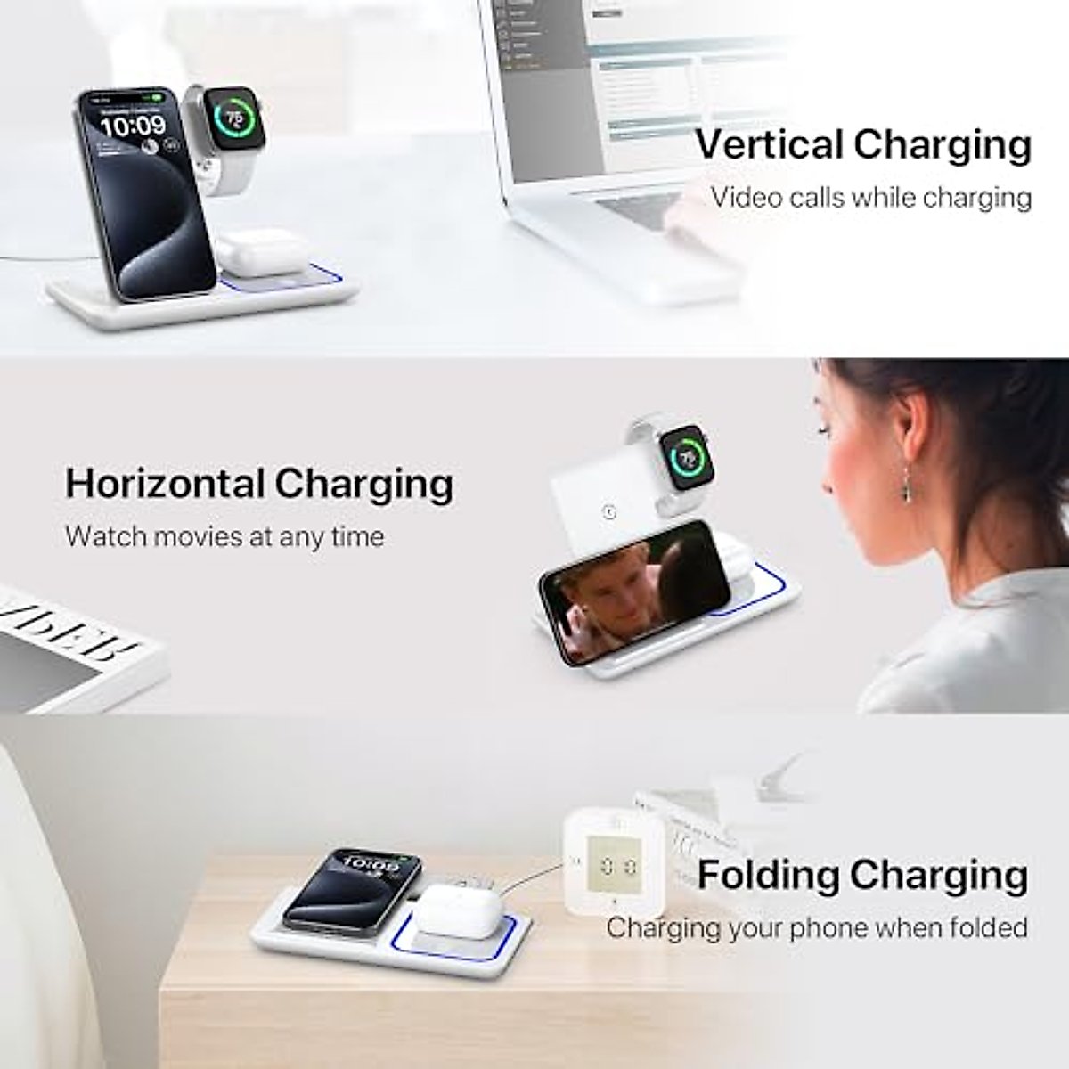 Wireless Charger, 3 in 1 15W Fast Charging Dock Stand for iPhone 15/14/13/12/11/Pro Max/XS/XR/X/8 Plus/8, Compatible with Apple Watch Series and AirPods 3/2/Pro （White）