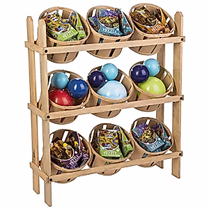 Displays2go Tiered Wooden Display, Floor Standing, 9 Baskets – Oak (PN9BKTOAK)