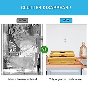 Plastic Wrap Dispenser with Cutter, 100% Bamboo Wood Aluminum/Tin Foil and Parchment/Wax Paper Organizer for Drawer, Wall-Mount Kitchen Roll Holder Compatible with 13.78"