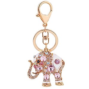 Reizteko Lucky Elephant Colorful Opal Rhinestone Plating Women Car/Bag Keychain Purse Charm - Pink