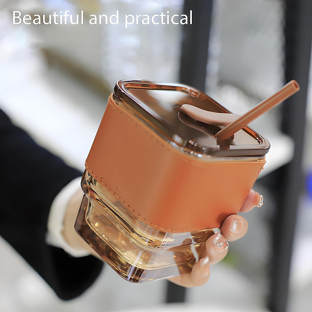 YULUDZSW Thick Wall Insulated Glass Cups With Lids Leather Case And Straws, Coffee Cup, Iced Tea Cup, For Beer, Cocktail, Coffee,Milk, Fruit And Vegetable Drinks, Etc.(Amber/16 oz)