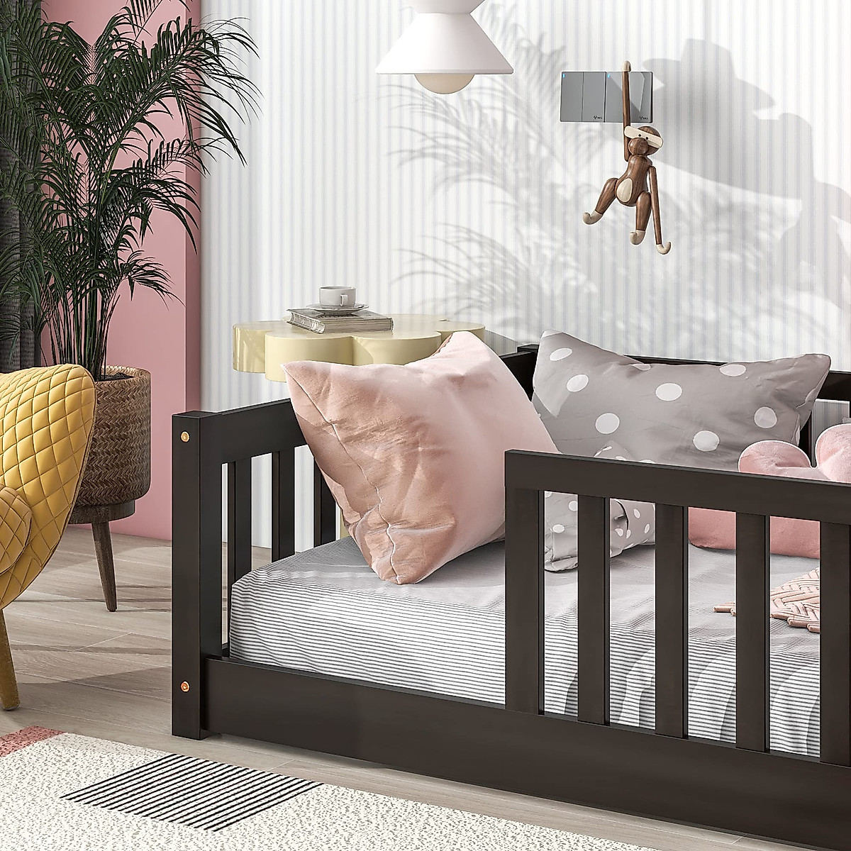 HomSof Twin Floor Platform Bed with Fence Without Door, Espresso