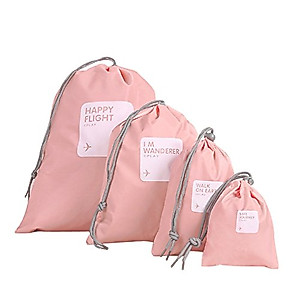 Multipurpose Essential Travel Packing Organiser Waterproof Drawstring Suitcase Clothes Underwear Laundry Shoes Bags Storages Toiletries Cosmetics Cases Holders Storages Bags Pouches 4 Pcs set Pink