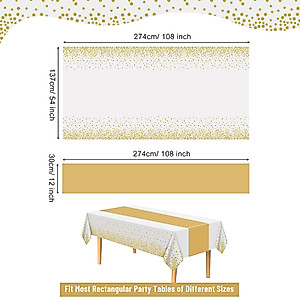 PLULON 12Pack Plastic Tablecloth and Satin Table Runner Set White and Gold Dot Rectangle Table Cover Gold Satin Table Runner for Wedding Birthday Baby Shower Picnic Kitchen Dinning Table Decorations
