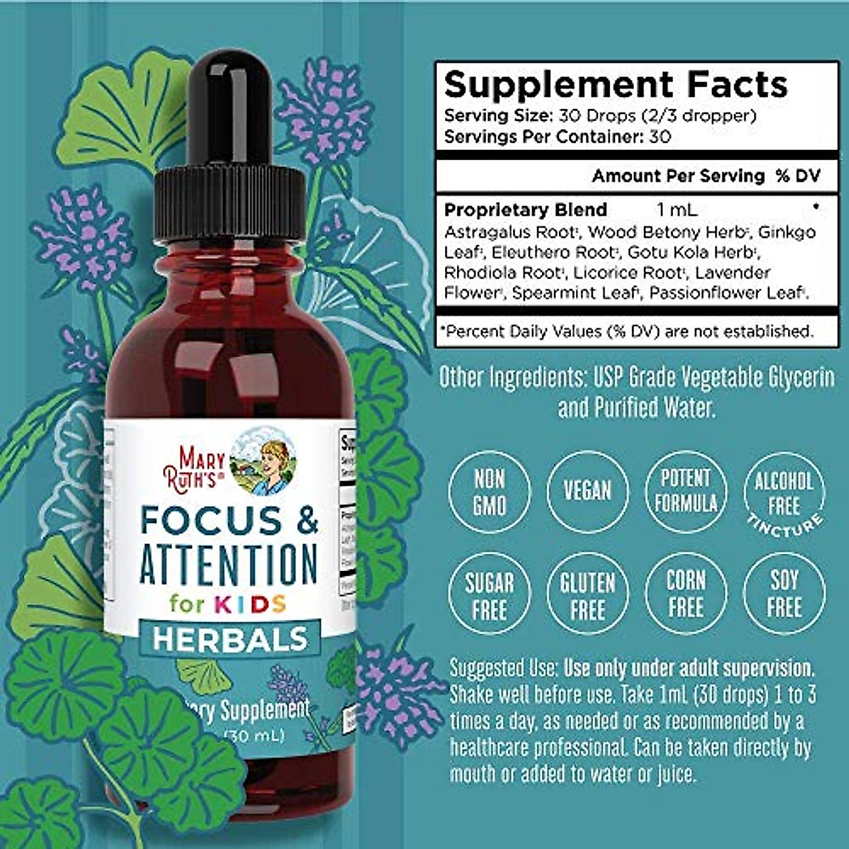 USDA Organic Focus & Attention Kids Drops & Kids Magnesium Citrate Gummies Bundle by MaryRuth's | Brain & Memory Drops | Magnesium Supplement | Stress Relief, Bone, Nerve, Gut Health | Vegan.