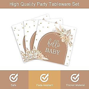 96pcs Boho Baby Shower Party Plates and Napkins Tableware Set for 24 Guests Bohemian Pampas Grass Floral Rainbow Arch Party Dinnerware Supplies Favors Decorations for Hello Baby Events