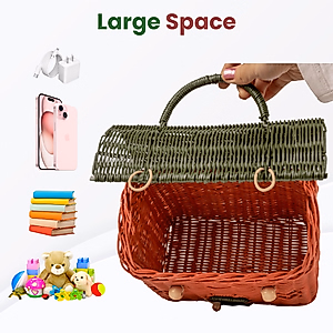 KOLWOVEN Rattan House Storage Basket with Lid - Mouse in a Box House- Small Doll house- Decorative Hand Woven Shelf Organizer Cute Handmade Handcrafted Gift Decoration Artwork Wicker (Moss green)