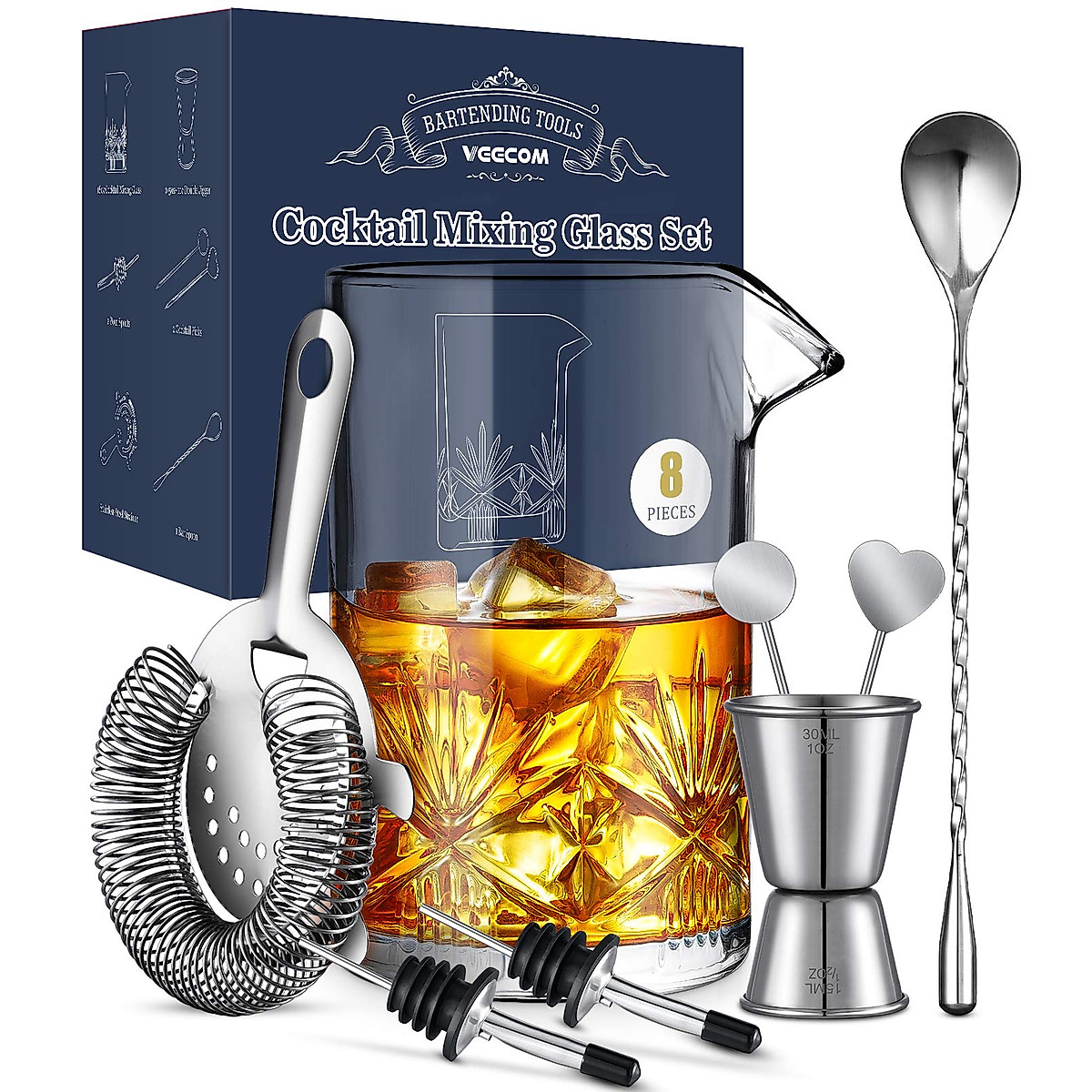Cocktail Mixing Glass, veecom 18oz Crystal Mixing Glass Bartender Kit, 8 Piece Old Fashioned Cocktail Set with Strainer, Spoon, Jigger, Picks, Pourers, Bar Tools Cocktail Shaker Set (8 Pieces)