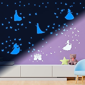 Glow in The Dark Princess Castle Wall Sticker, Self-Adhesive Star Butterfly Wall Decal for Girl's Room, Fluorescent Sticker for Ceiling Nursery (Blue)