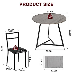 GAOMON Dining Table Set for 2, Kitchen Table and Chairs for 2 with Upholstered Chairs, 3 Piece Dining Room Table Set, Round Kitchen Table Set for Small Space, Apartment, Studio, Rustic Gray