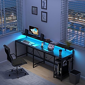 Loomie L Shaped Computer Desk, 83" Gaming Desk with LED Light & Power Outlets, Corner Desk with Full Monitor Stand & Adjustable Storage Shelves, Home Office Desk with 2 Hooks, 2 Person Desk, Black