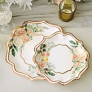 Tableclothsfactory 25 Pack | Floral 8" Scallop Rim Dessert Appetizer Party Paper Plates, Disposable Salad Plates - 300 GSM
