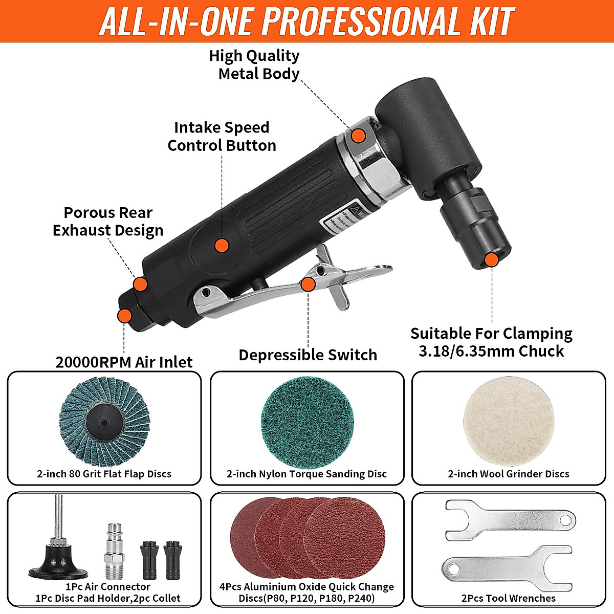 BAIWEN 1/4" Right Angle Air Die Grinder - 90 Degree Heavy Duty 20,000 RPM Compressed Sander Polisher Tool for Contour Grinding, Polishing, Milling, Cutting
