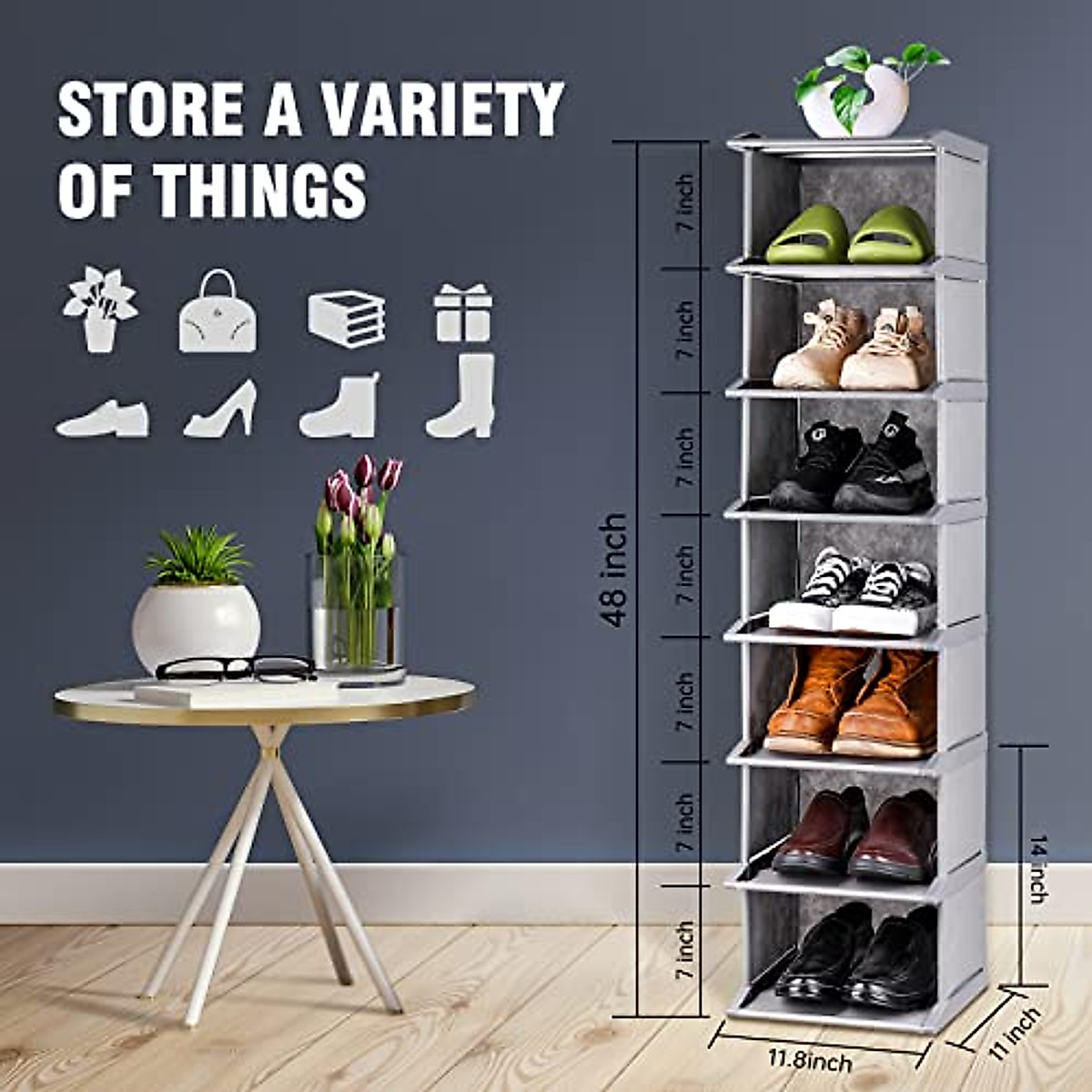 NiHome 8-Tier Narrow Shoe Rack - 12"x11"x48" Space-Saving Organizer for Home Closet, Hallway, Entryway, Bedroom and Living Room - Stackable and Free-Standing with Lightweight Fabric Design