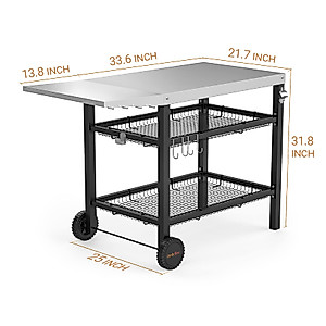 onlyfire Pizza Oven Table Cart for Ooni, Ninja Woodfire, Blackstone Griddle, Cuisinart Pizza Oven, Outdoor Stainless Steel Food Prep Table Movable Food Prep Cart Grill Stand with Storage Basket
