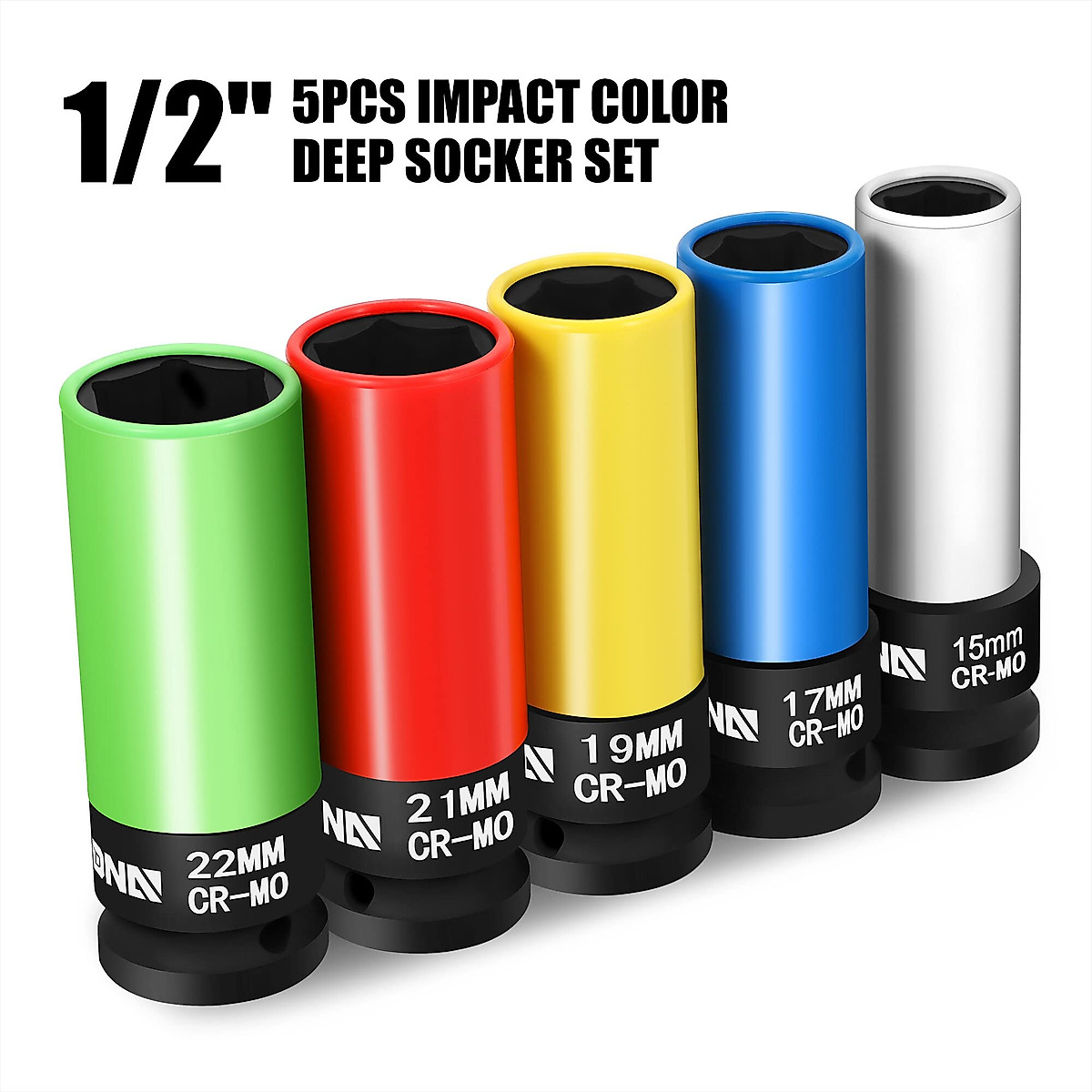 DNA MOTORING TOOLS-00156 5-Pieces 1/2-Inch Drive Wheel Protector Impact Deep Socket Set - 15mm 17mm 19mm 21mm 22mm, Cr-V, White,blue,red,yellow,green