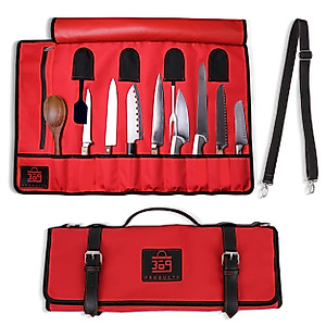 369 Products Chef Knife Bag - 18" x 7" x 3" Waterproof Polyester Knife Roll Bag with 13 Slots, Stylish Leather Straps and Detachable Shoulder Harness, Additional Zipper Compartment