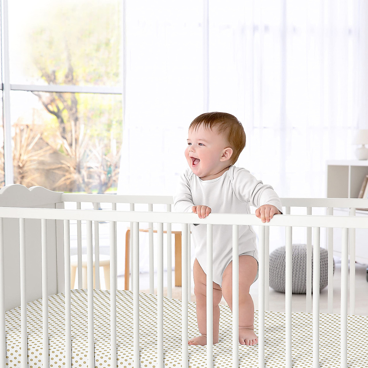 Sweet Jojo Designs Fitted Crib Sheet for Amelia Baby/Toddler Bedding - Gold and White Polka Dot