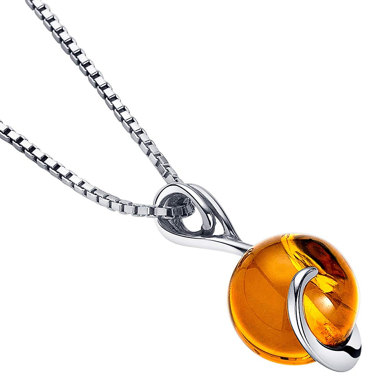 PEORA Genuine Baltic Amber Pendant Necklace for Women 925 Sterling Silver, Rich Cognac Color Solitaire Ball with 18 inch Chain