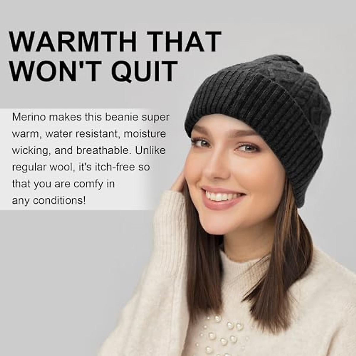 XXL Oversized 100% Merino Wool Beanie Hat for Men & Women, Extra Large Warm Winter Cap for Big Heads, Stretchy Knitted Cap