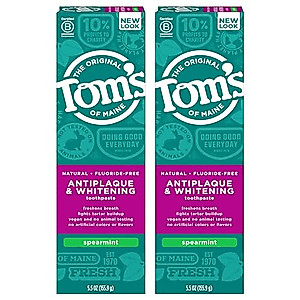 Tom's of Maine Fluoride-Free Antiplaque & Whitening Natural Toothpaste, 5.5 Ounce (Pack of 2) - Packaging May Vary