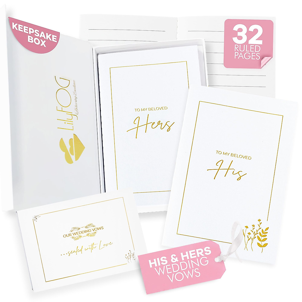 Elegant His and Hers Wedding Vow Books Set in Keepsake Box | Sewn Binding | 32 Ruled Pages | 5.9 x 3.9 Inches | Ideal Wedding Day Gift for Brides & Grooms Vow Booklets Vine Hardcover Vows Book