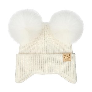 C.C Baby Double Fur Pom Pom Beanie with Ear Flap for Boys Girls Soft Warm Infant Toddler Knit Skully Hat with Faux Fur Ivory