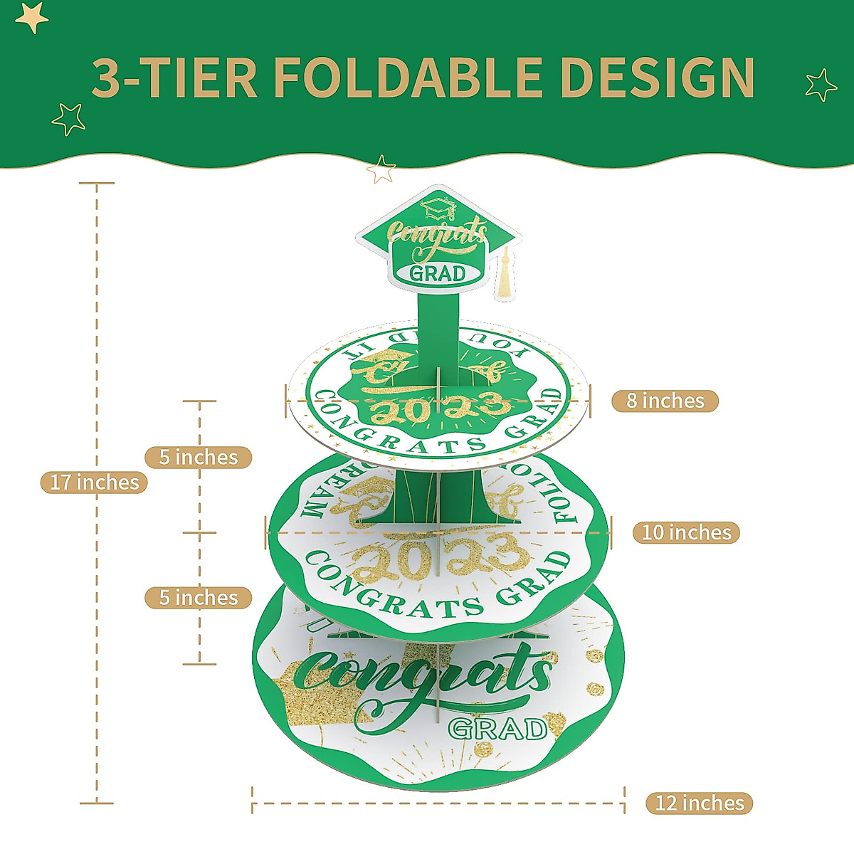 Class of 2023 3-Tiered Graduation Cupcake Stand for 24 Cupcakes, Disposable Cupcake Tower Stand, Perfect for Grad Themed Party Decor Graduation Dessert Favors Supplies (Green)