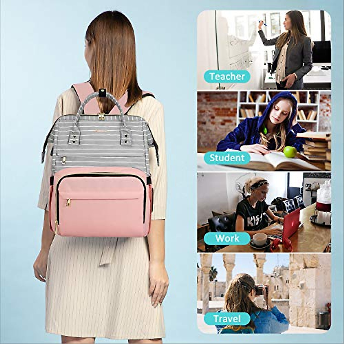 LOVEVOOK Laptop Backpack for Women Laptop Bag Computer Bag Teacher Work Bag Backpack Purse Rucksack,Stripe Grey and Pink