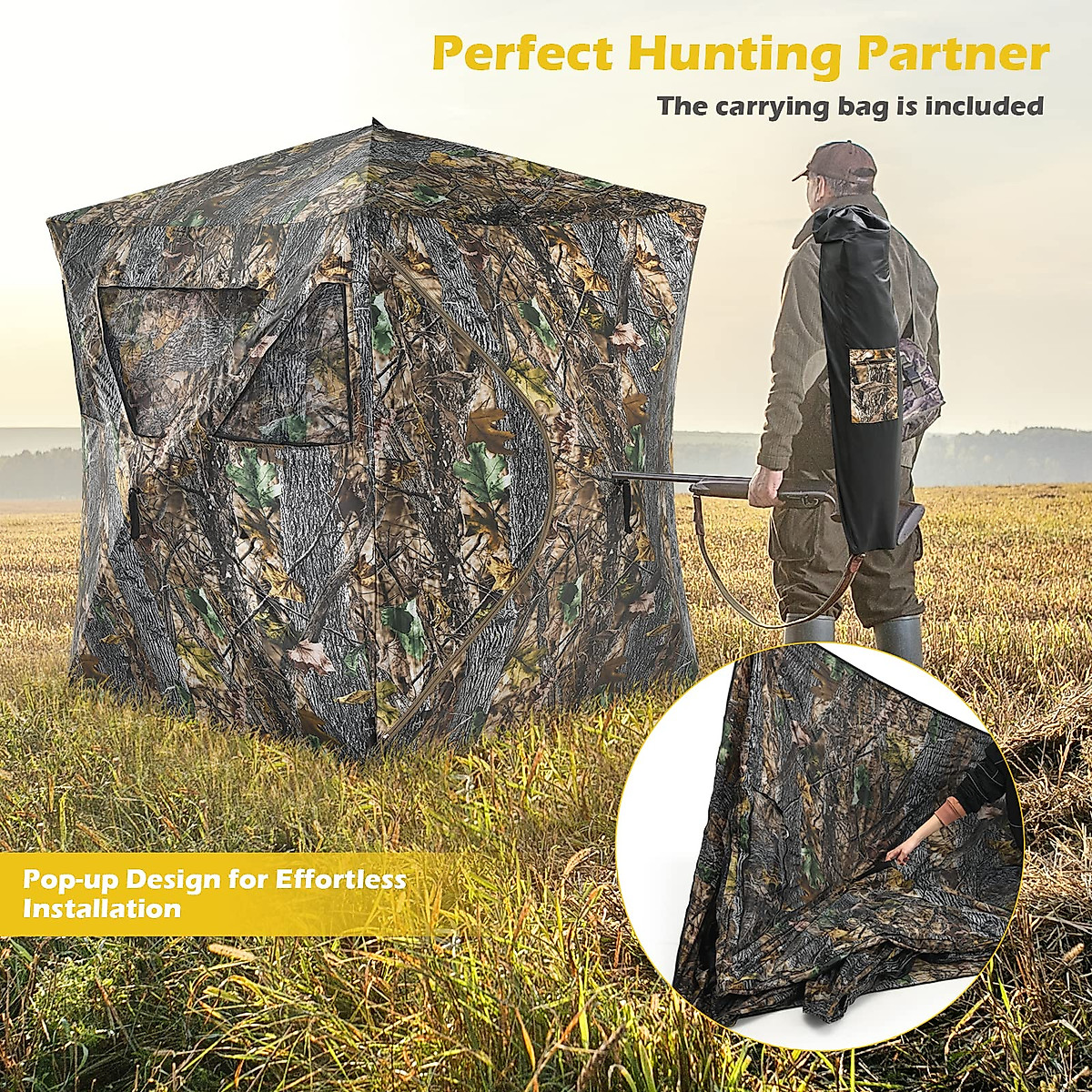 HAPPYGRILL Portable Hunting Blind with 360 Degree Mesh Windows, Pop up Camouflage Hunting Tent with Carrying Bag & Ground Stakes