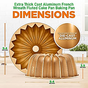 NutriChef 9-Inch Cake Pan - Thick and Heavy Cast Aluminum Bakeware Cake Mold with 2 Layers of Nonstick Coating - Fluted Lines Design for Uniform Baking Up To 500 Degrees - Easy to Clean, Gold