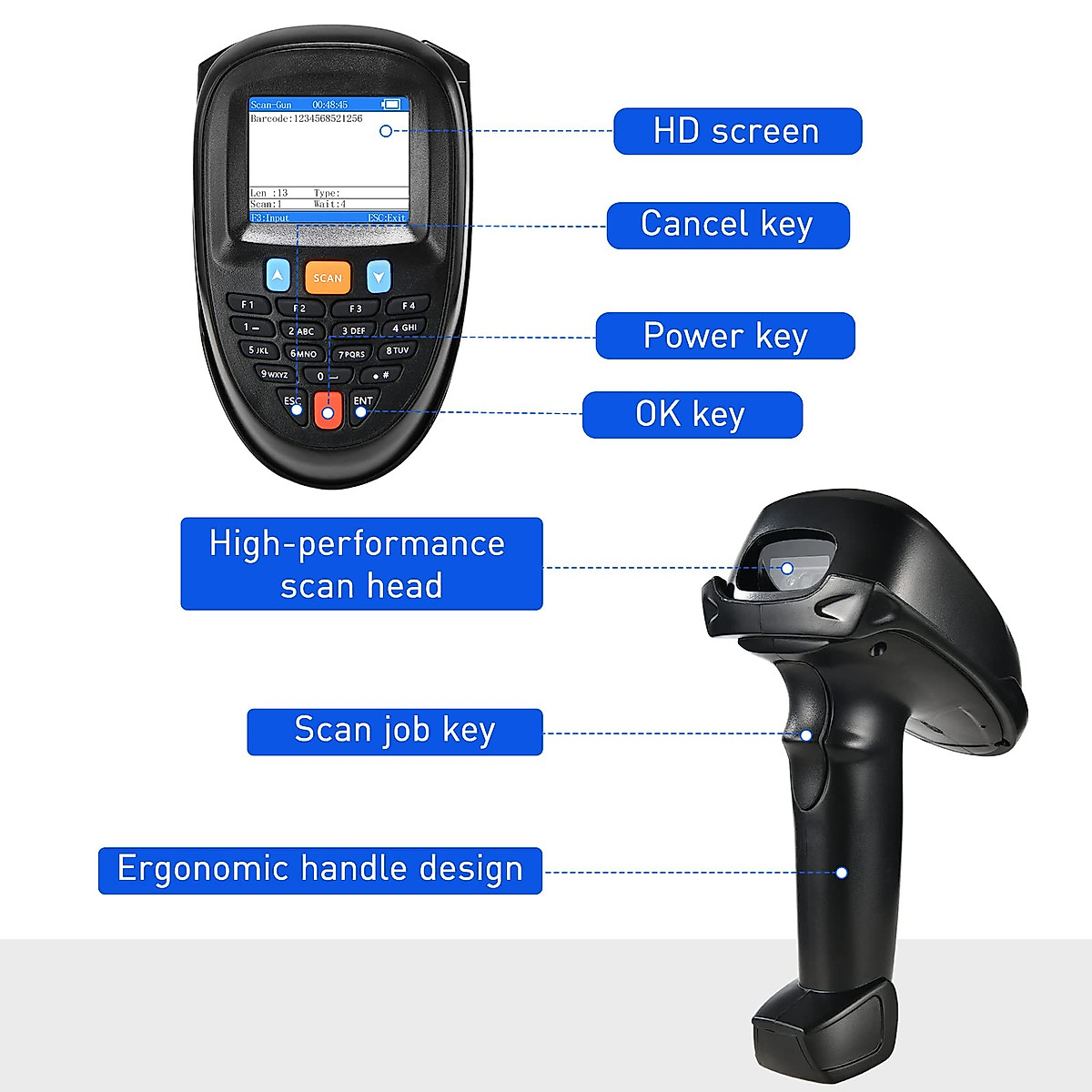 1D 2D Wireless Barcode Scanner, JRHC Portable Inventory Scanner with Charging Base Data Collector Barcode Reader Data Terminal 2 in 1 USB Connection & 2.4G Wireless Bar Code Scanners with 2.2" Screen