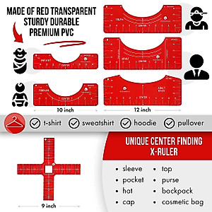 Good Life Ideas Tshirt Ruler Guide for Vinyl Alignment - T-Shirt Measurement Tool Heat Press to Center Designs, Easy tee Centering Tool, t Shirt aligning kit 7pcs, Red, Gray, White, Black, 12, Large