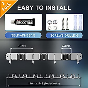 2 Pack Mop Broom Holder Wall Mount, Broom Organizer Mop and Broom Storage Tool Racks Stainless Steel Self Adhesive Wall Hanger for Home Kitchen Garden Laundry Garage by ZONGOOL (3 Racks 4 Hooks)