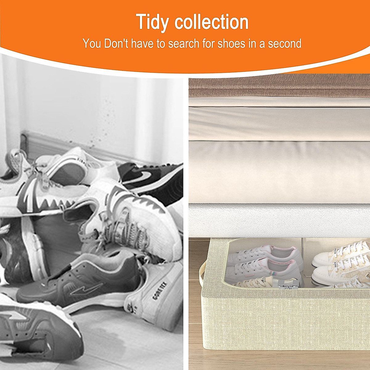 GRSQYS Under Bed Storage Bins with Metal Frame, Shoe Organizer for Closet with Large Clear Windw,Foldable Stackable Linen Fabric Clothes Organizer Bins (Beige, 23.6(L) x13(W) x6(H) inch)