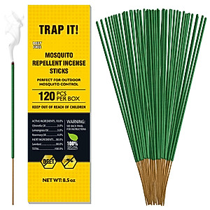 TRAP IT! Mosquito Repellent Outdoor Patio, 120 PCS Natural Plant-Based Citronella Oil Incense Sticks Indoor Home Pet Family Safe, DEET Free Bug Insect Control Repellent for Yard Garden Camping Fishing