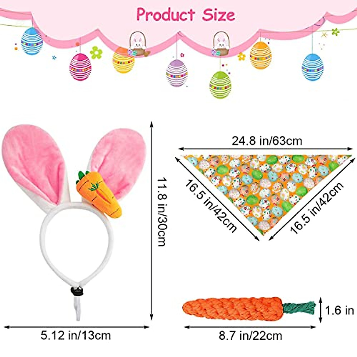 Dog Easter Bunny Costume, 3 Pack Pet Rabbit Ears Headband, Egg Dog Bandana, Carrot Dog Toy Set, Easter Dog Costumes for Small Dogs Cat Puppy Party Apparel Easter Halloween Accessory Headwear