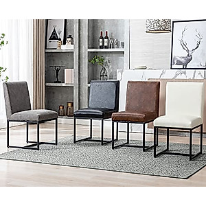 VESCASA Faux Leather Upholstered Dining Chairs with Black Metal Frame, Mid Century Modern Padded Kitchen Chair with Adjustable Foot Pads for Restaurant, Dining Room, Set of 2, Cream