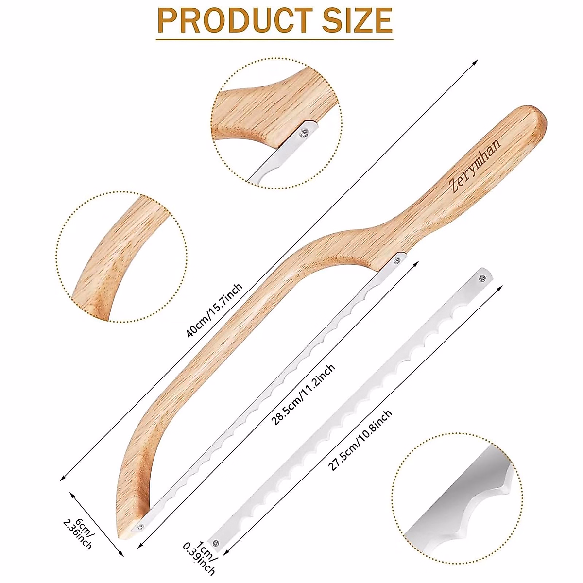 Zerymhan Wooden Sourdough Bread Knife,16" Serrated Bread Cutter for Homemade Bread,Bagels, Baguettes and More,Bow Bread Knife,Fiddle Bow Design Easy to Cutting,Premium Carbon Steel
