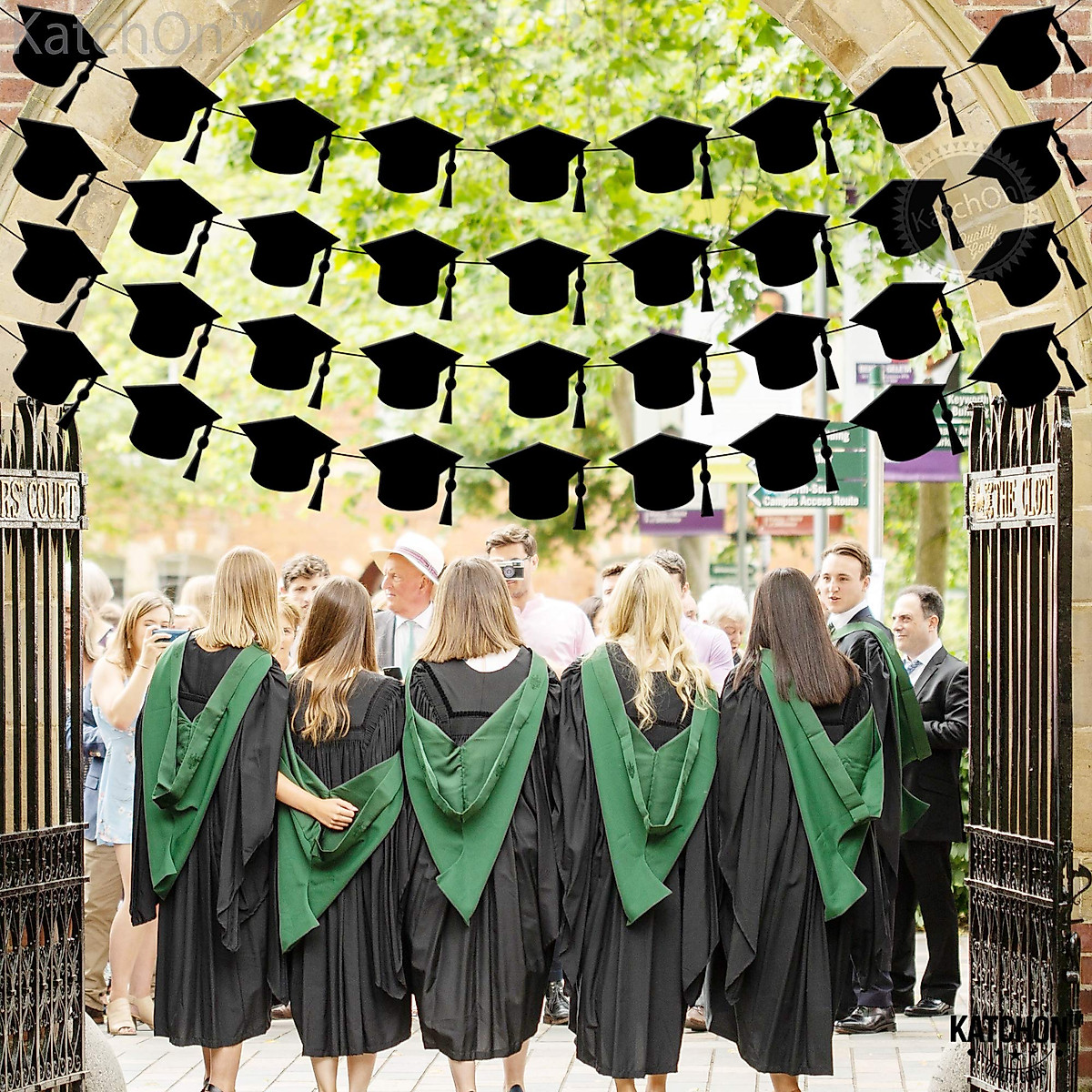 Felt, Black Graduation Cap Garland - 4 Strings, No DIY | Graduation Garland, Graduation 2023 Decorations | Graduation Banner for Black Graduation Party Decorations 2023 | Graduation Cap Decorations